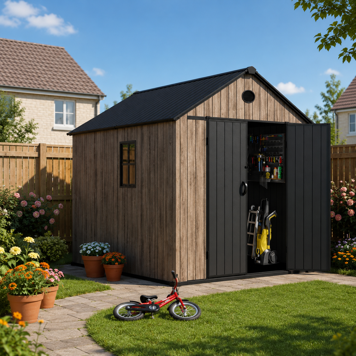 Pro Grade 6ft x 8ft Premium Plastic Double Door Garden Shed - Oak Wood ...