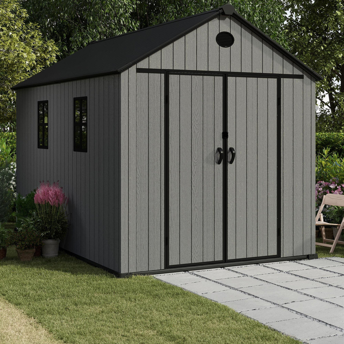 Pro Grade 8ft x 12ft Premium Plastic Double Door Garden Shed - Grey Wo ...